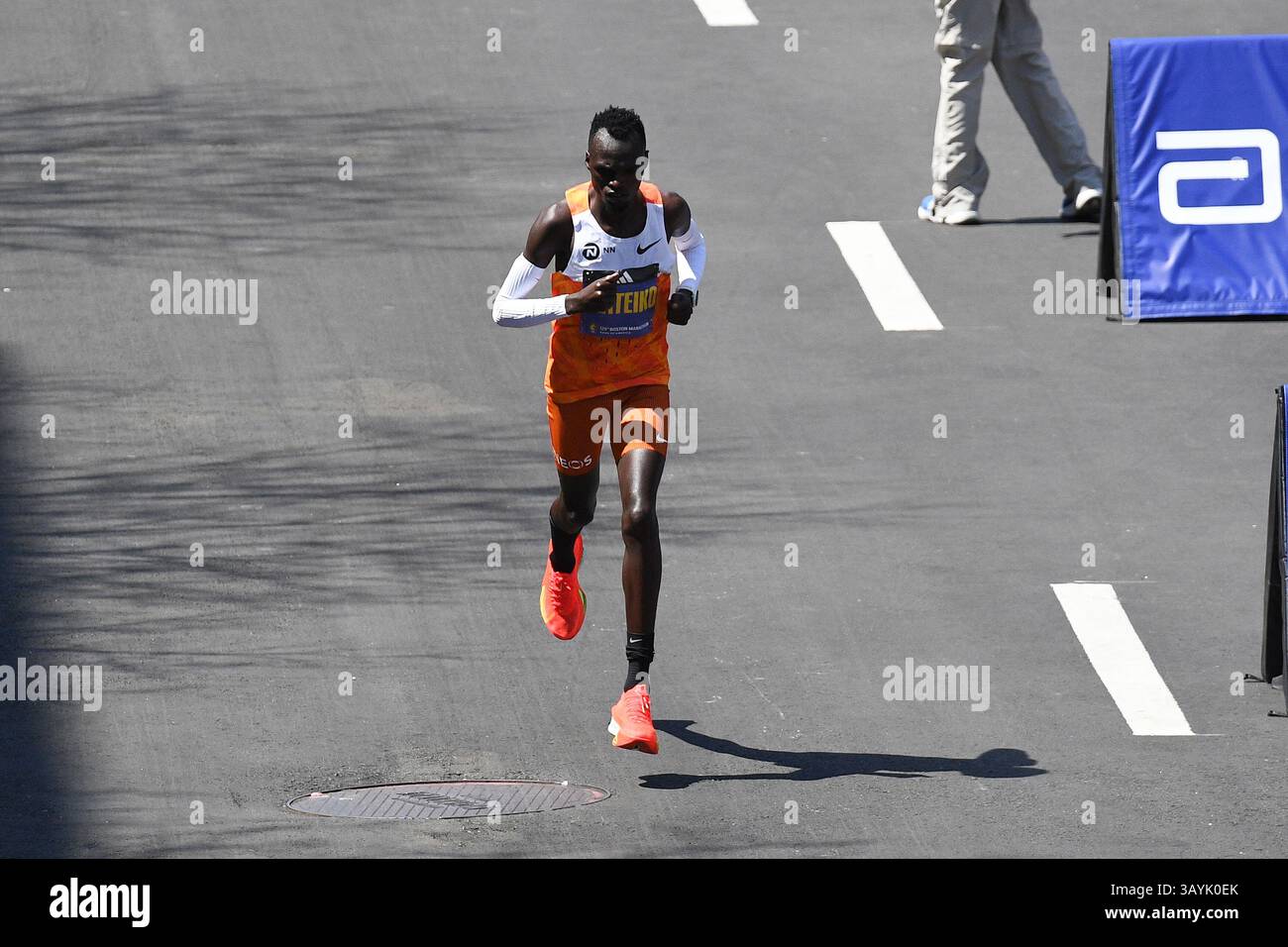 BOSTON, MA - APRIL 21: Daniel Mateiko of Kenya runs to the finish line ...