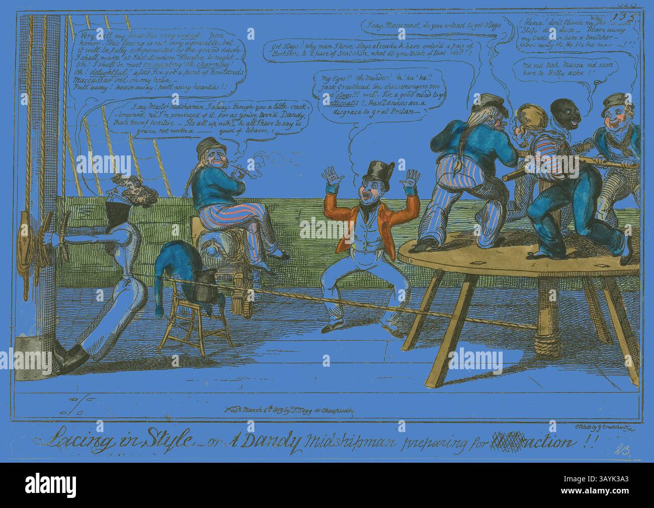 A whimsical scene featuring a group of sailors and a dandy gentleman ...