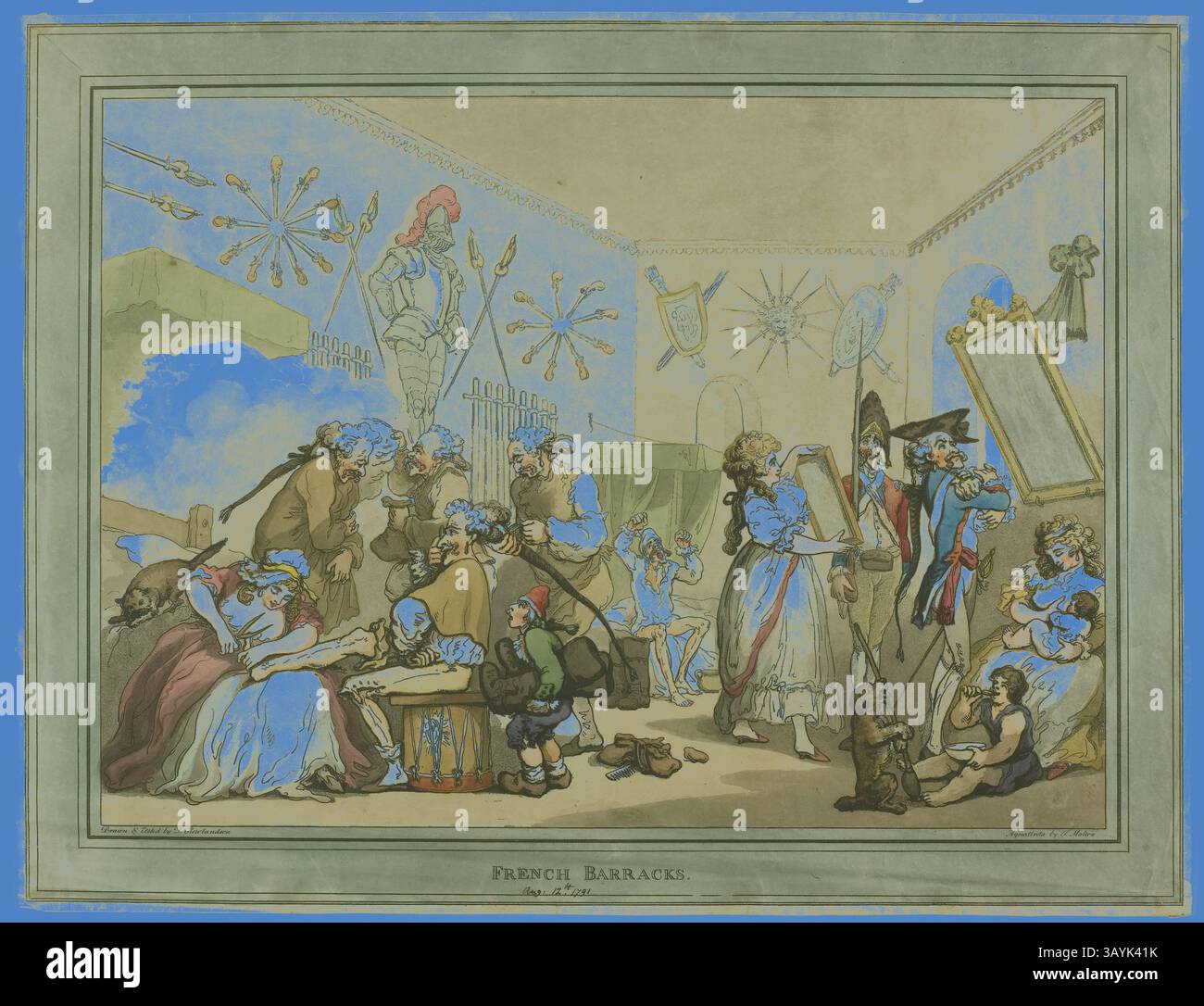 A lively scene in a barrack setting featuring a variety of characters ...