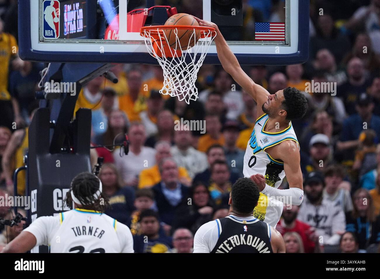 Indiana Pacers guard Tyrese Haliburton (0) gets a basket on a dunk ...