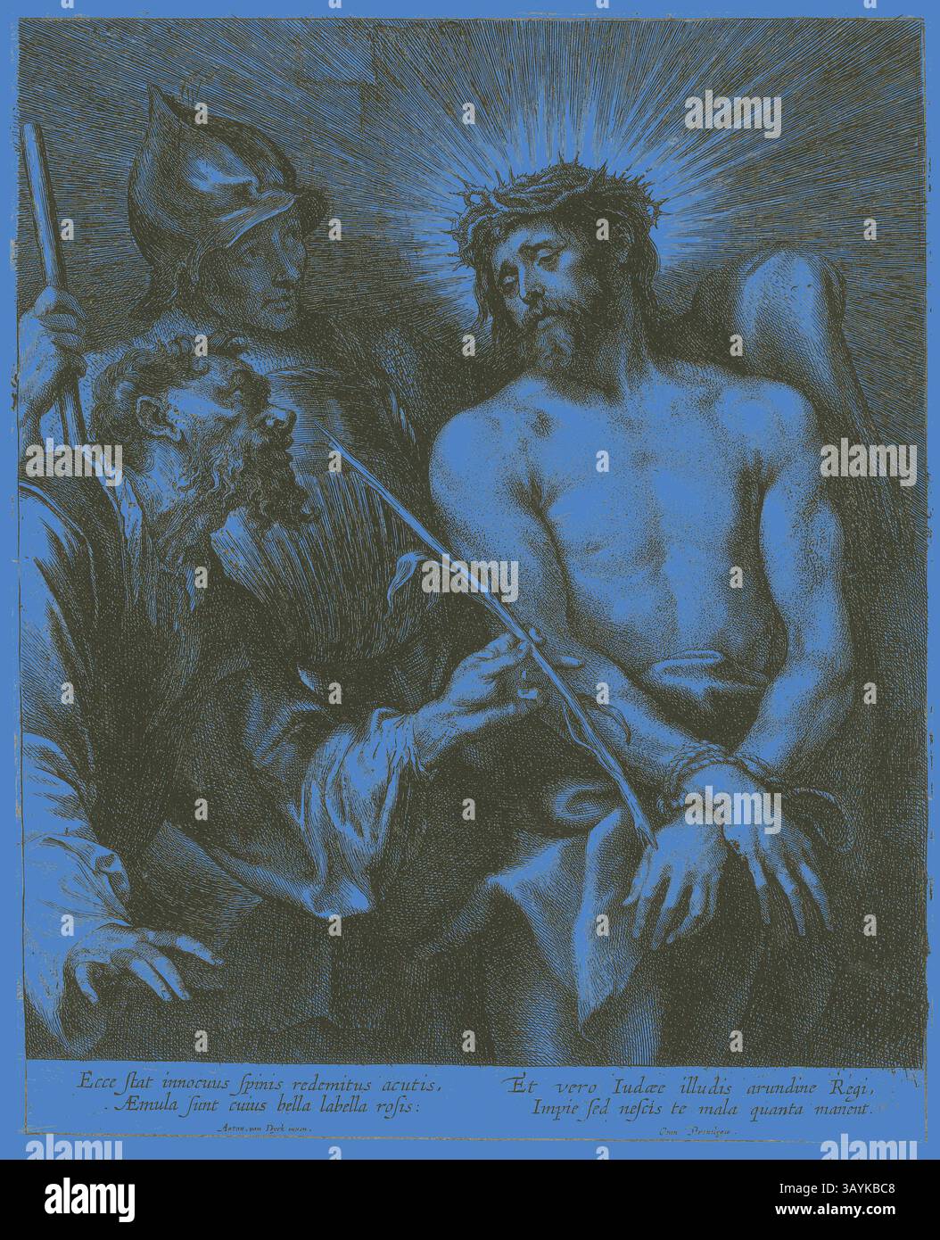 The scene depicts a solemn moment featuring three figures: a seated ...