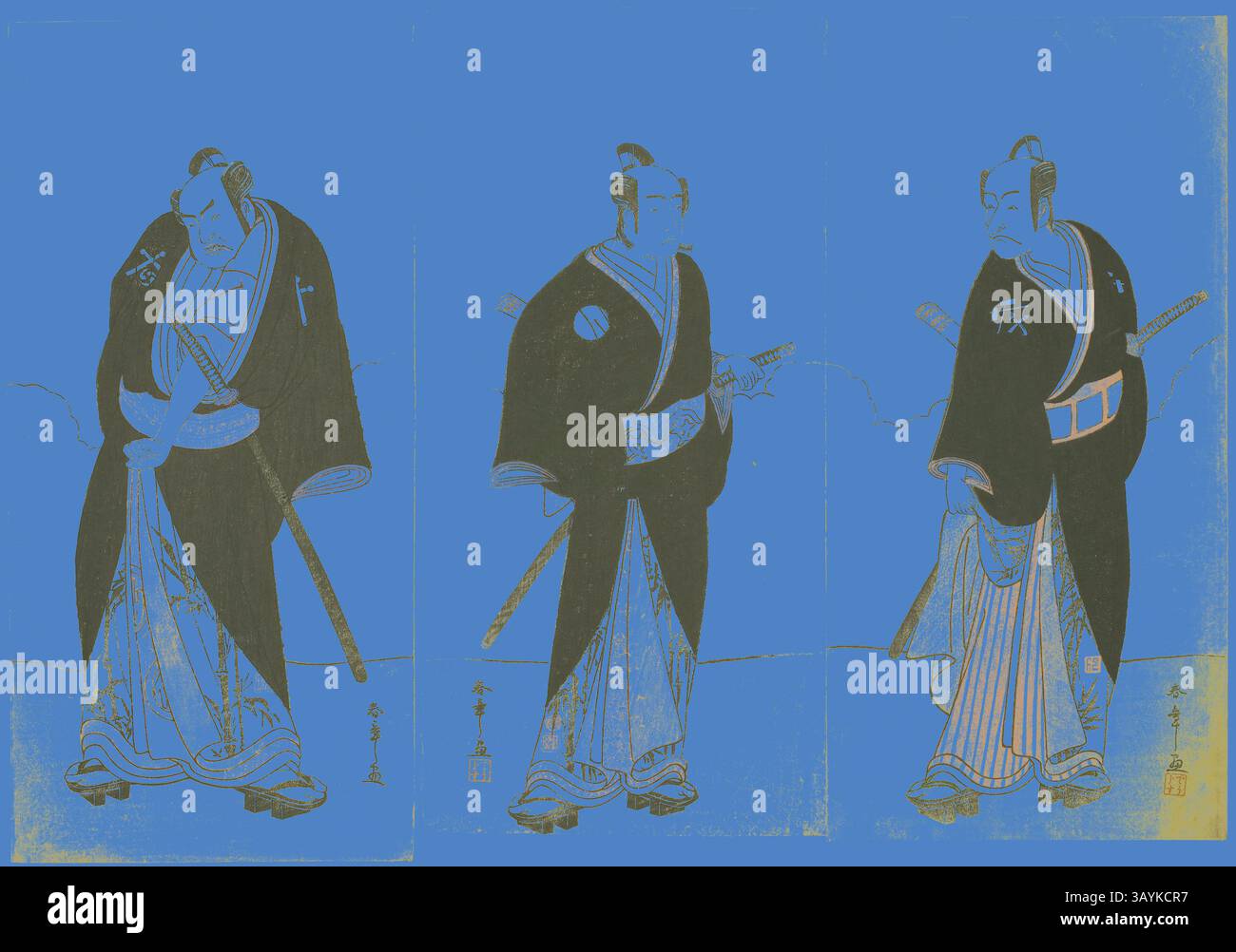 Three samurai figures stand in a dynamic composition, each adorned in ...