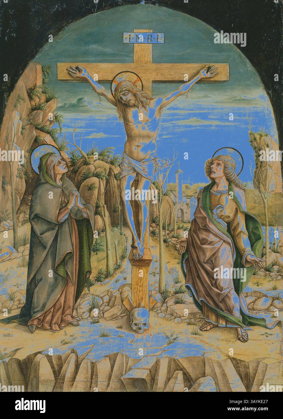 A crucifixion scene depicting Christ on the cross, flanked by two ...
