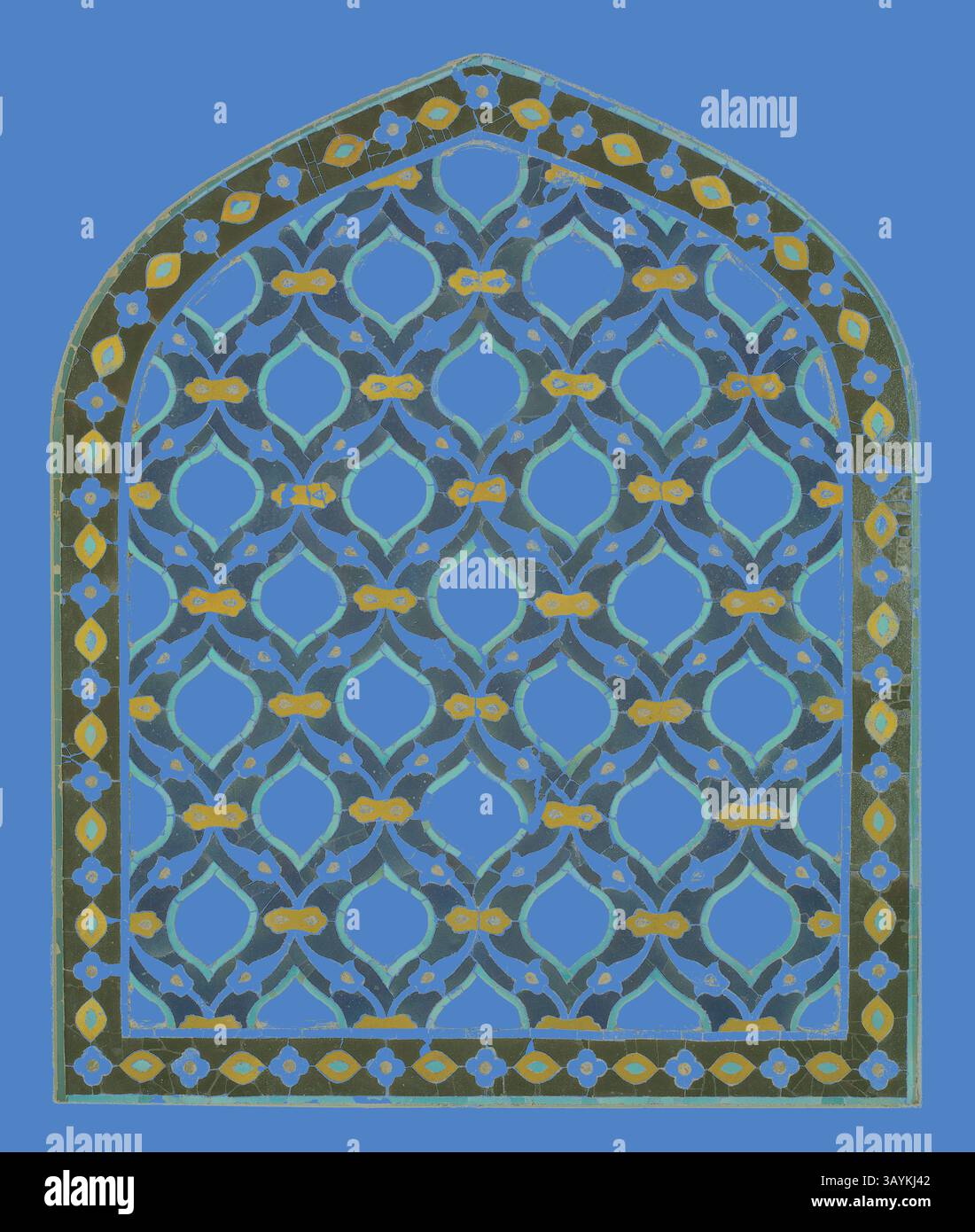 A richly detailed decorative arch features an intricate geometric ...