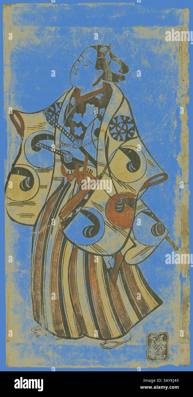 A traditional figure elegantly dressed in ornate garments, holding fans ...