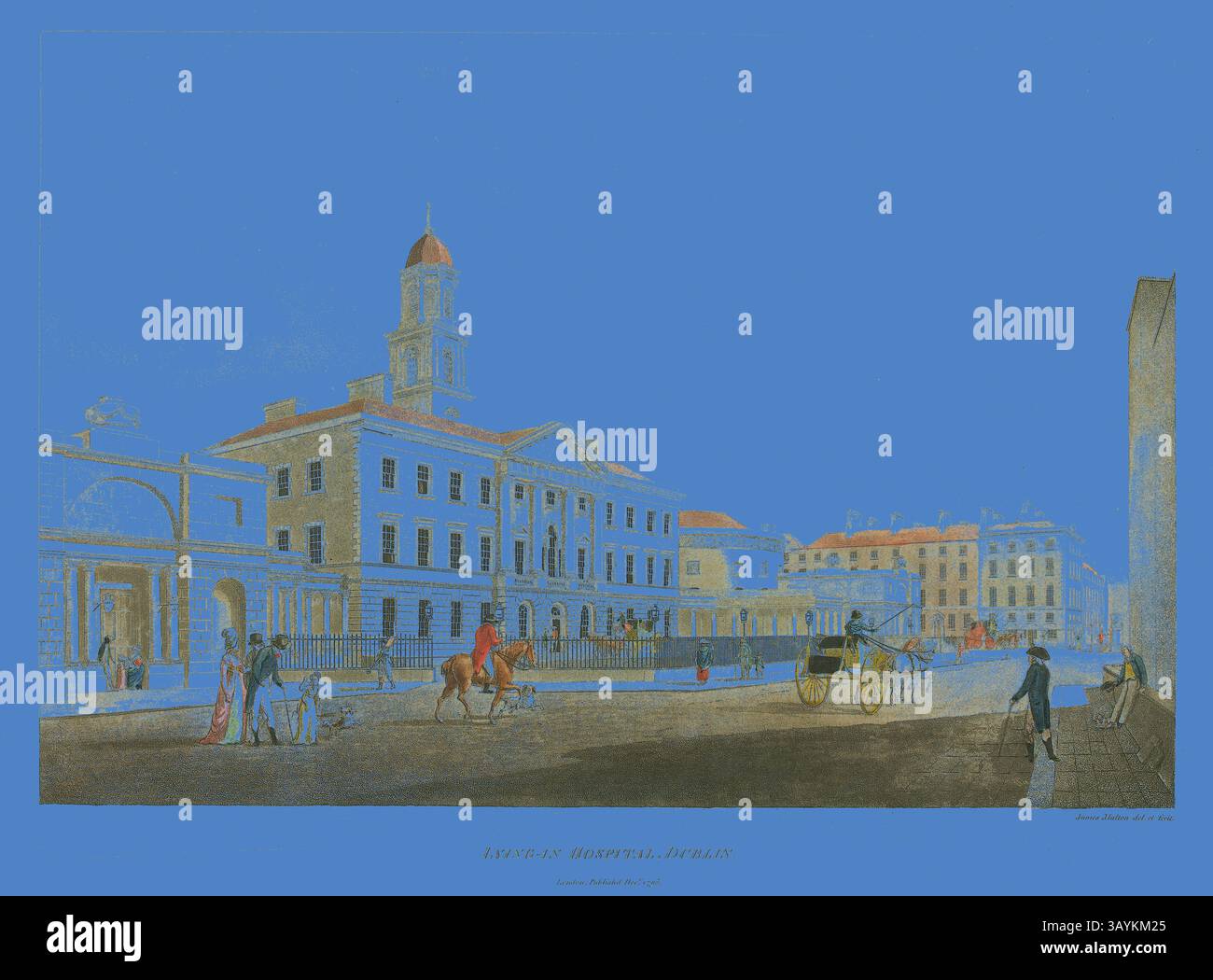 A historic scene depicting a grand building with a clock tower, flanked ...