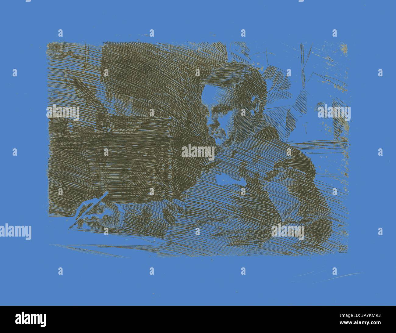 A thoughtful figure sits at a desk, focused intently as they write or ...