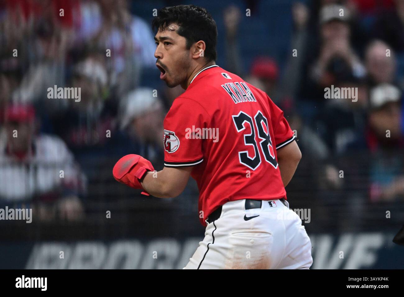 Cleveland Guardians' Steven Kwan celebrates after scoring a run on a ...