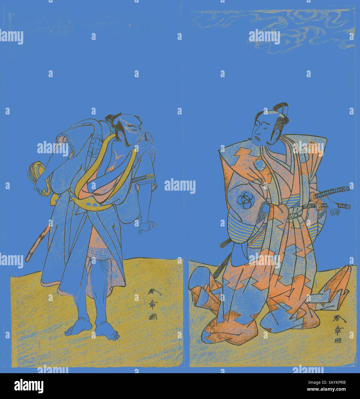 Two samurai figures stand against a bright blue background, showcasing ...