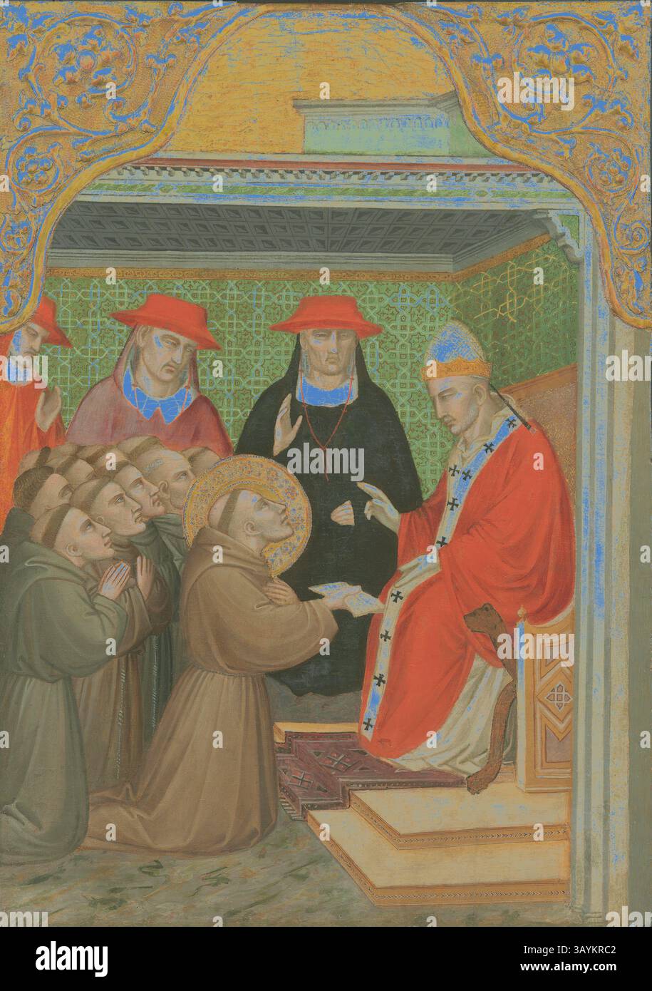 A scene depicting a religious figure seated on a throne, surrounded by ...