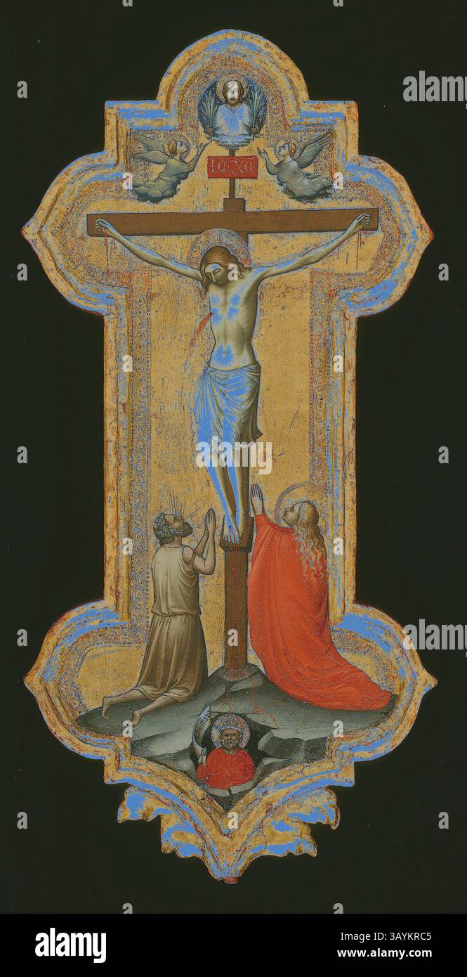 A depiction of the Crucifixion, featuring Christ on the cross, flanked by two figures in prayer ...