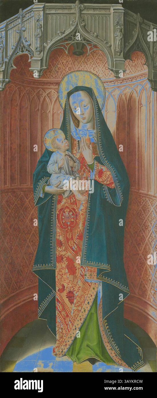 A serene depiction of the Virgin Mary holding the infant Jesus, adorned ...