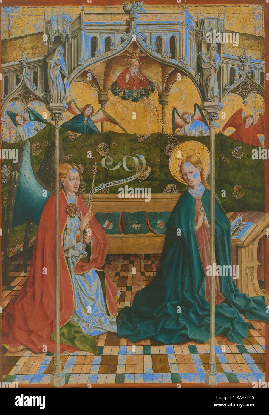 An intricate scene depicting the Annunciation, featuring the angel ...