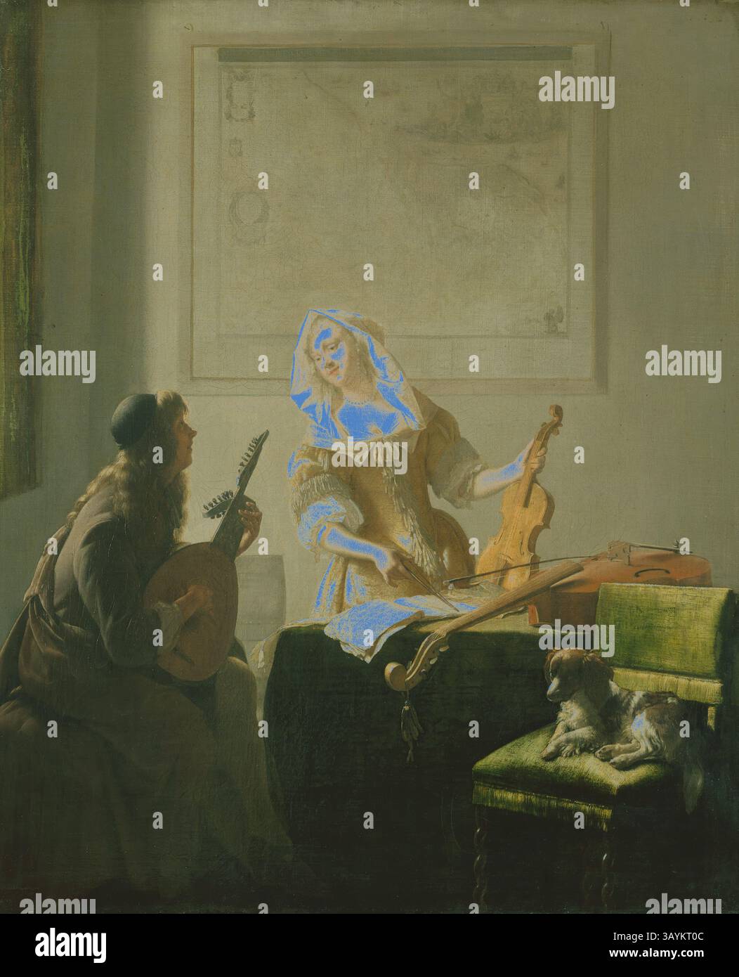 A musician plays a lute while a woman in period attire gracefully holds ...