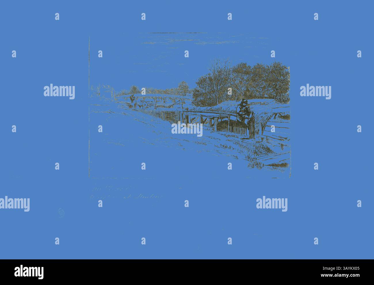 A serene scene featuring a tranquil riverbank, where a bridge arches ...
