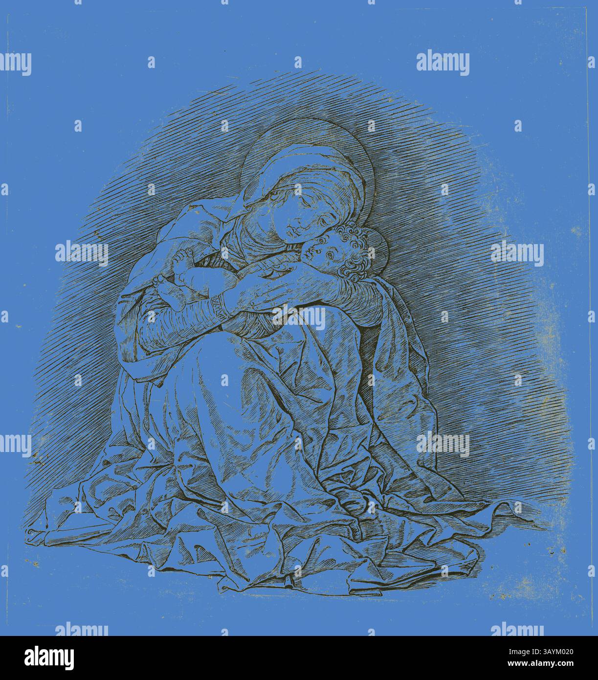 A serene depiction of a mother cradling her child, enveloped in flowing ...