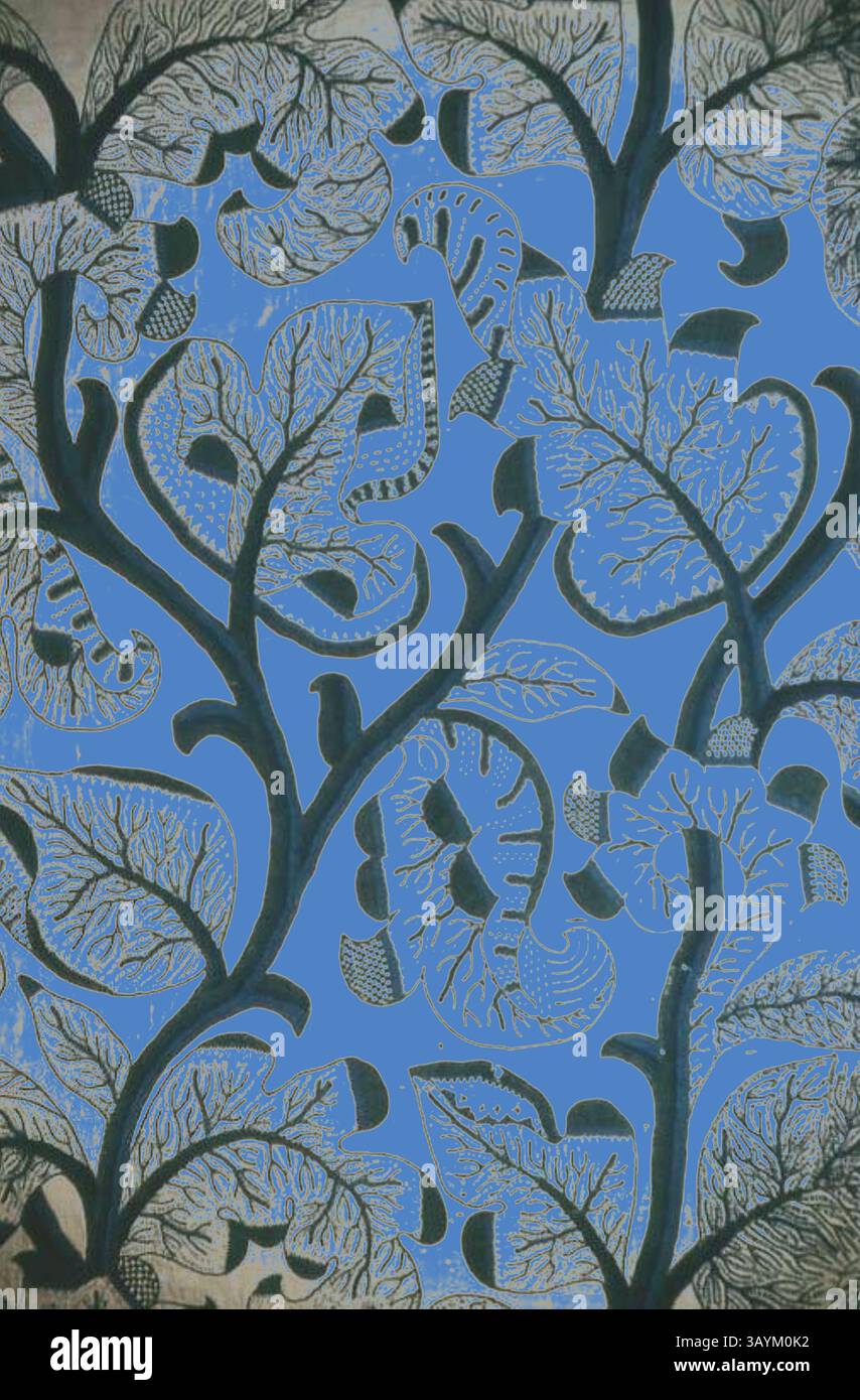 An intricate design featuring stylized leaves and vines, bold blue ...