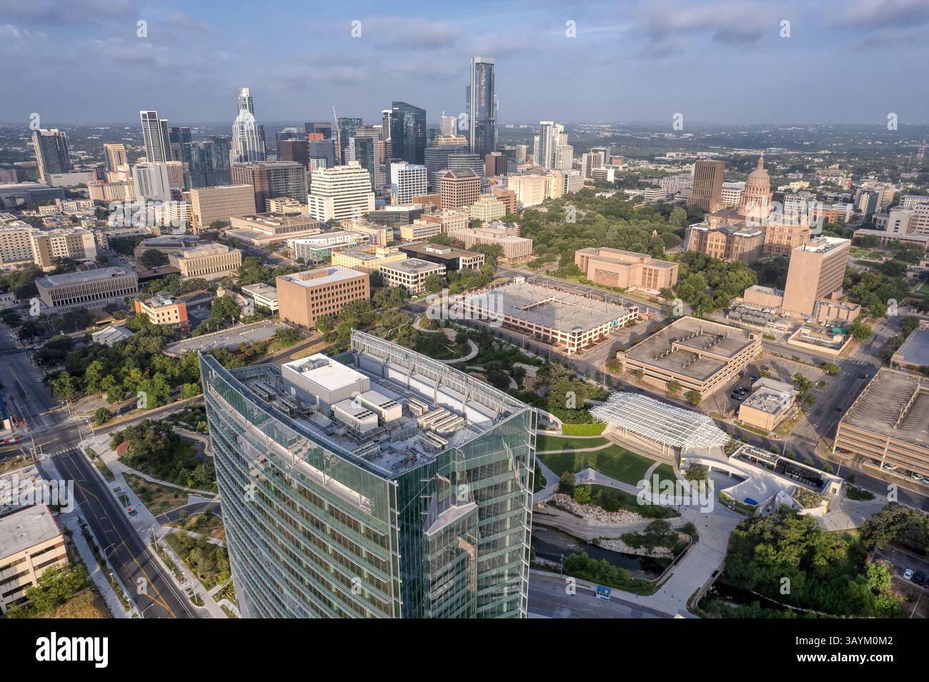 An aerial image of the downtown Austin skyline and Texas State Capitol ...