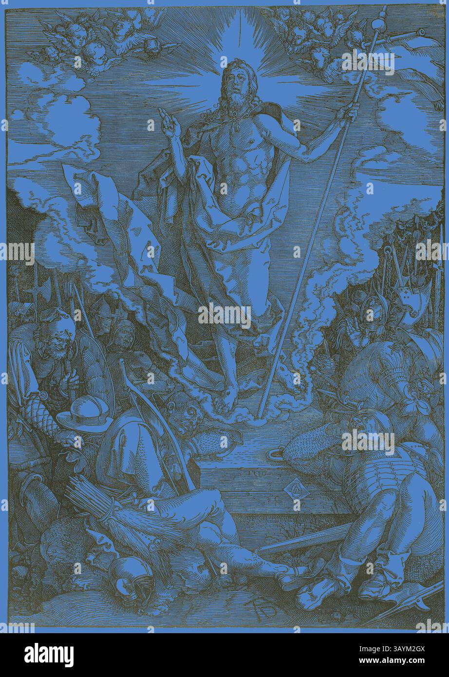 The scene depicts a triumphant figure of Christ rising amidst swirling ...