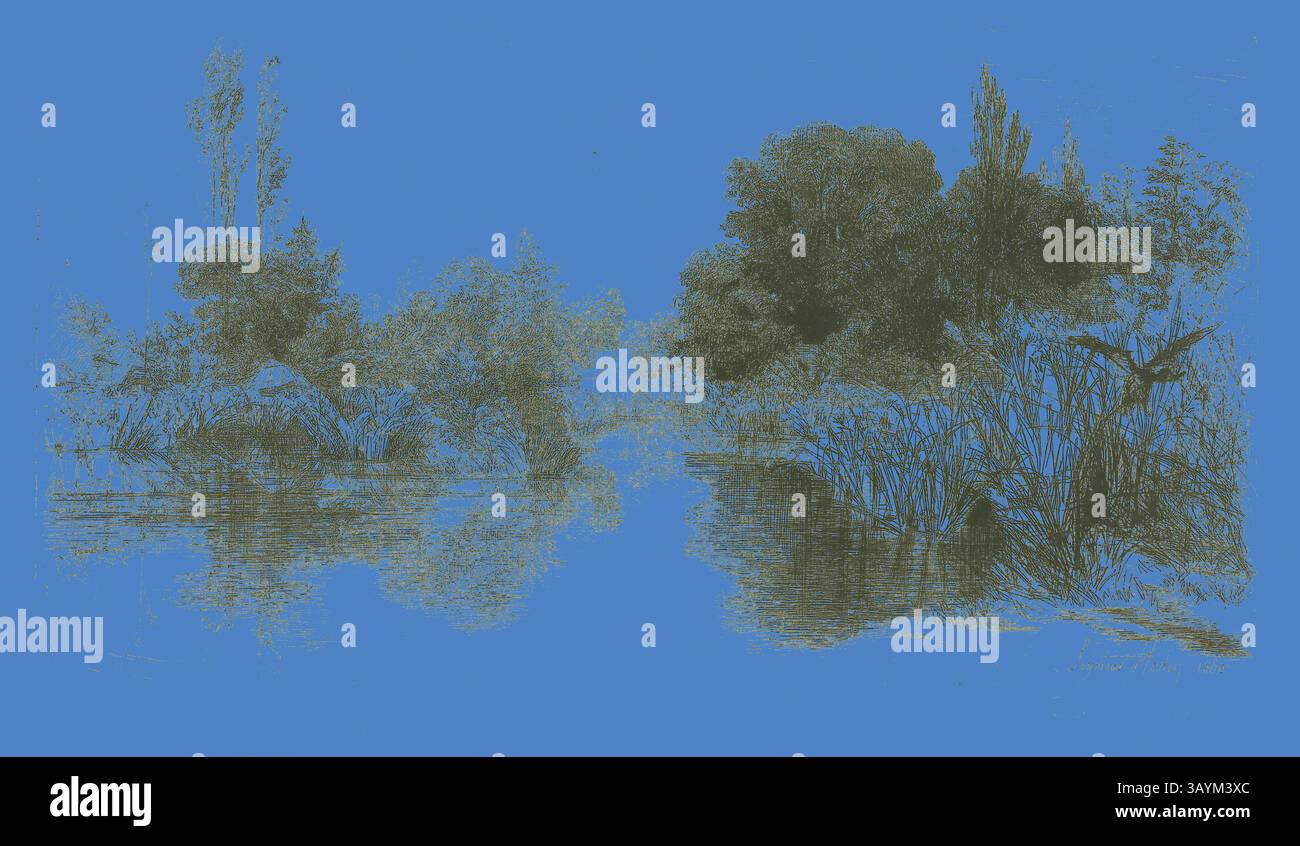 A serene landscape featuring a tranquil body of water surrounded by ...