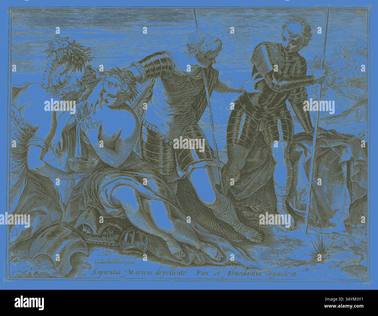 A scene depicting two armored figures interacting with a classical ...