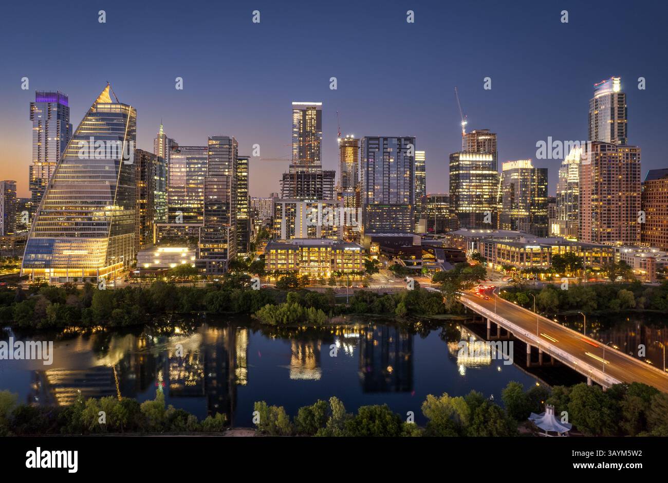 An aerial view of downtown Austin showing the Google building, Silicon ...