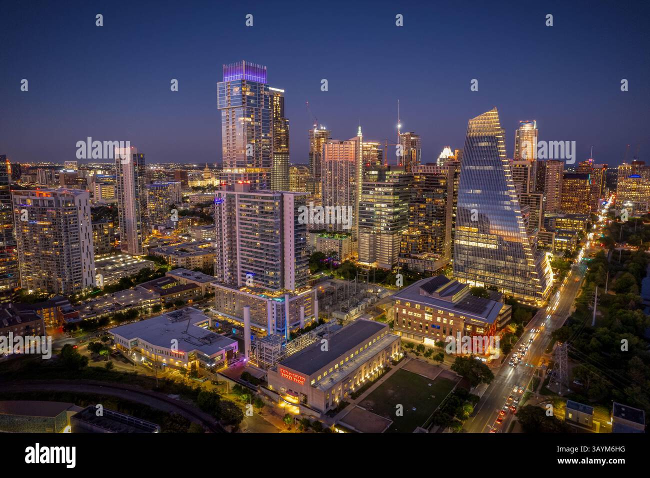 A dusk view of the Austin skyline from a position above the Seaholm ...