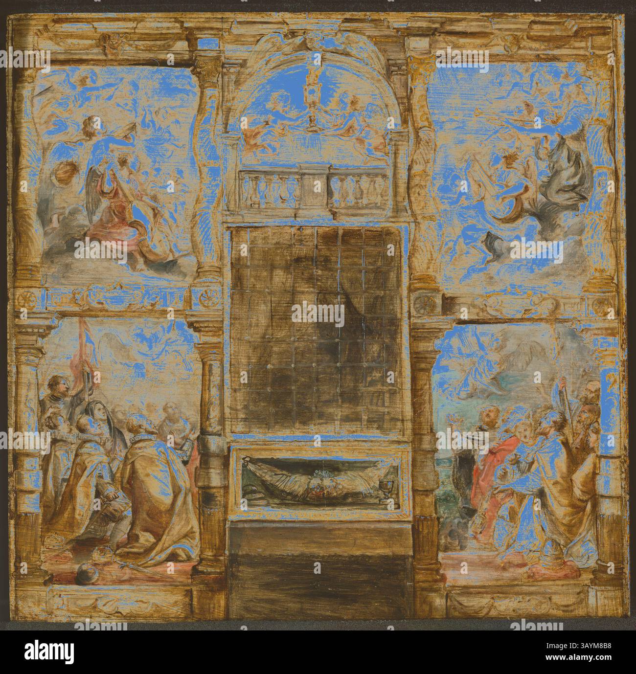 A richly detailed scene features ornate architecture surrounding a ...