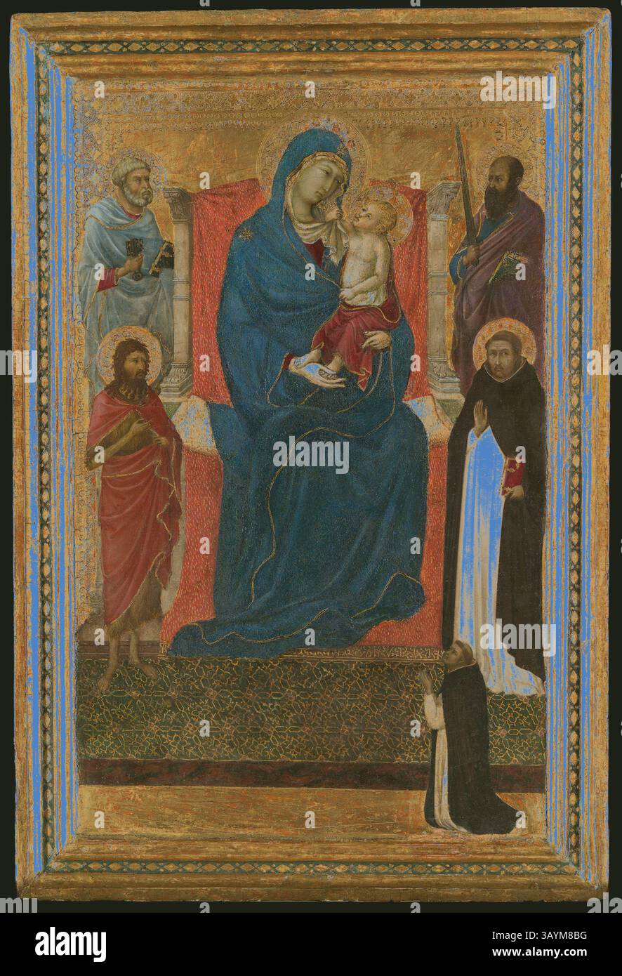 A serene depiction of the Madonna and Child, seated on an ornate throne ...