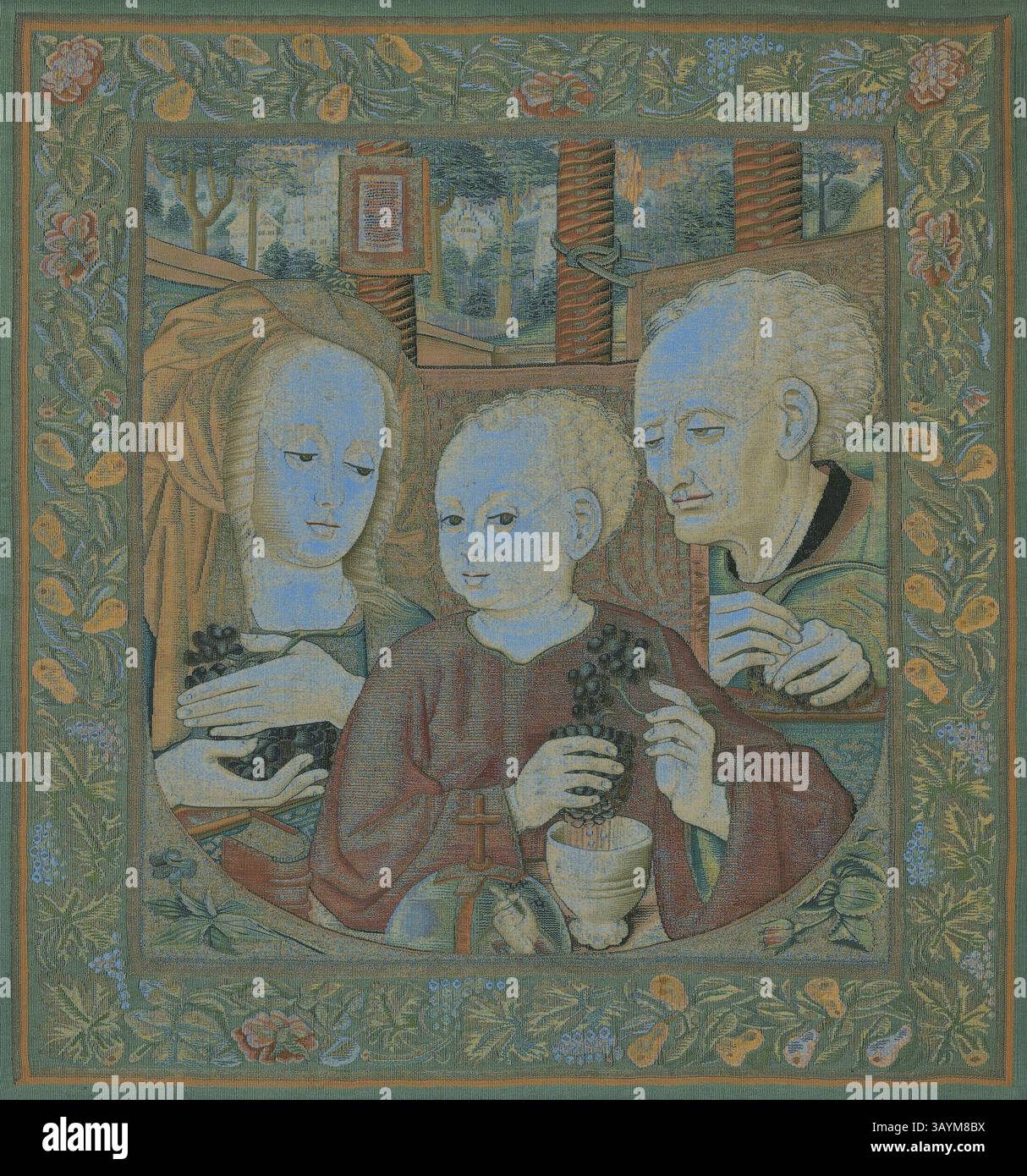 A serene scene depicting three figures, including a child and two ...