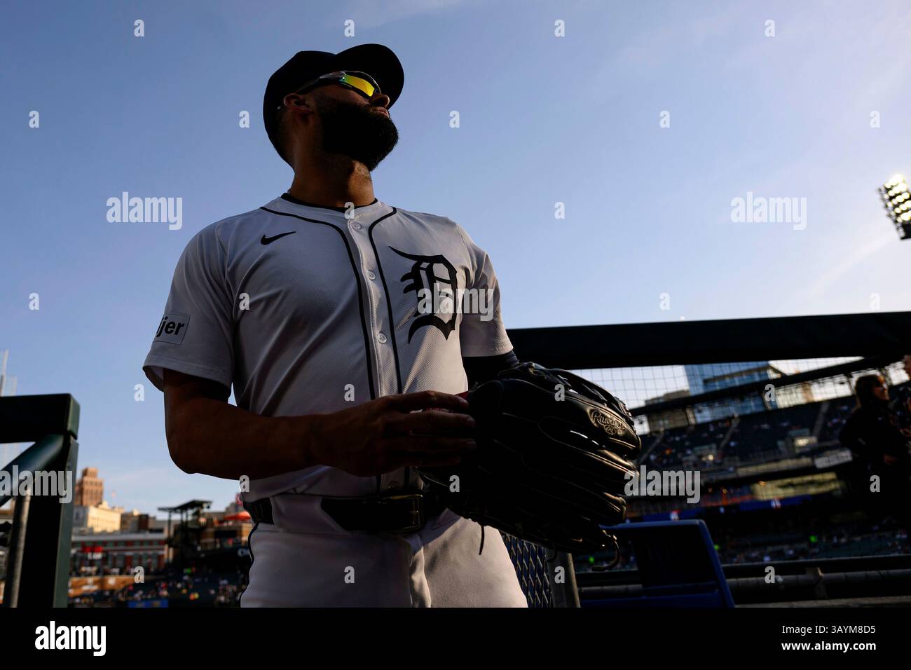 Detroit Tigers left fielder Riley Greene (31) waits in the dugout steps ...