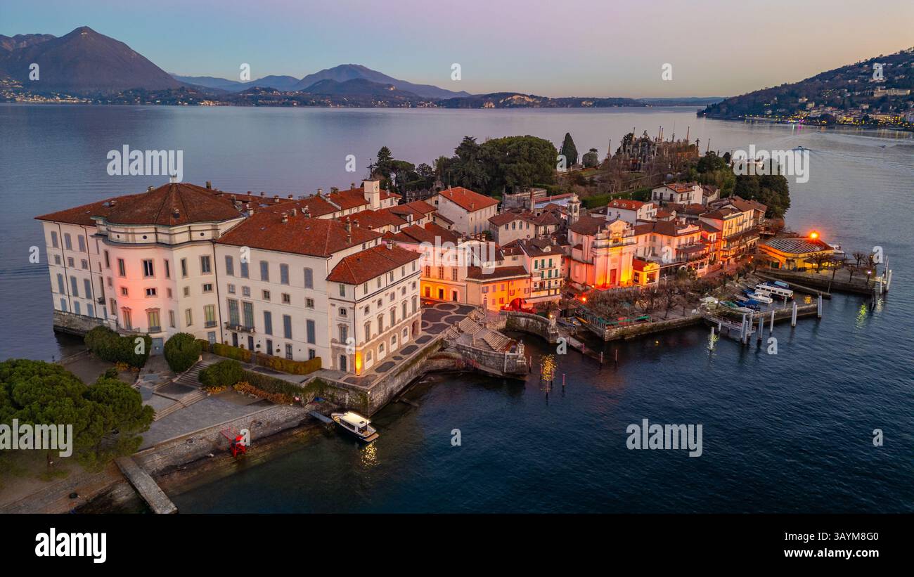 Sunset panorama view of Isola Bella at Lago Maggiore, Italy.IMAGE Stock ...