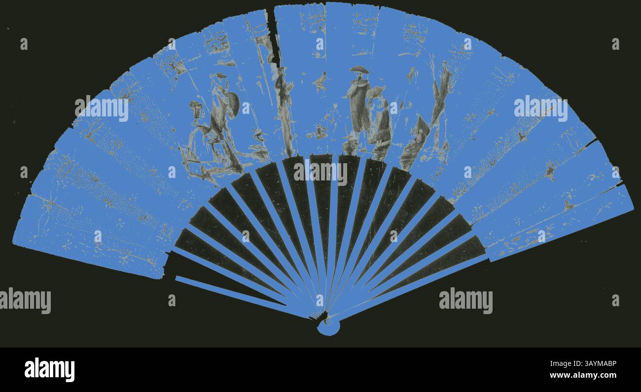 A decorative hand fan featuring intricate designs of people and nature ...