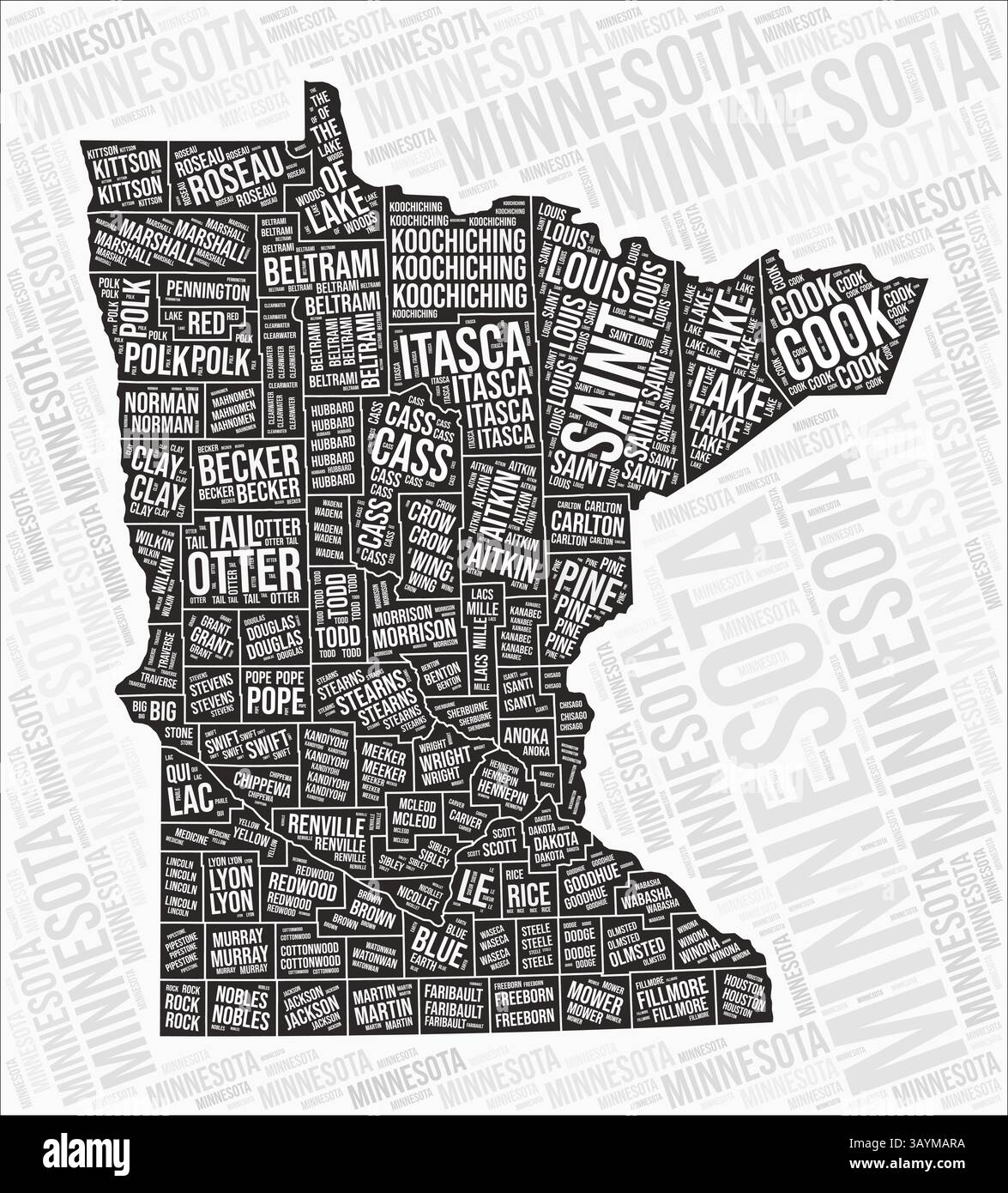 Minnesota counties map word cloud. Minnesota region names. Black and ...