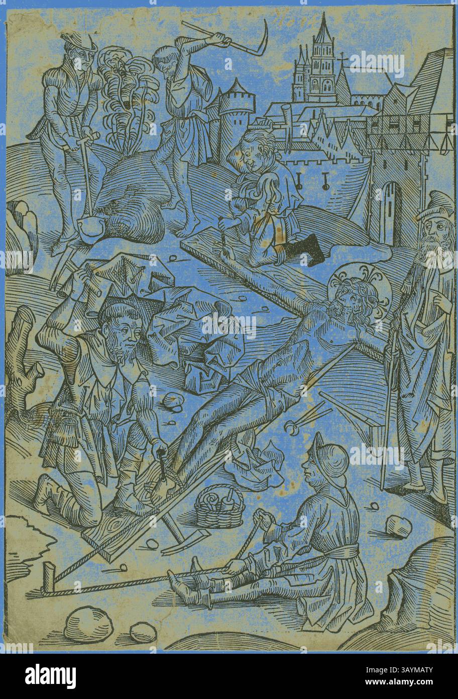 A detailed scene depicting various figures engaged in labor and ...