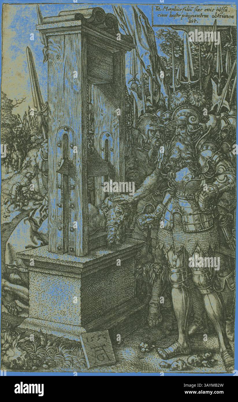 A historical scene depicting a figure in armor preparing to execute a ...