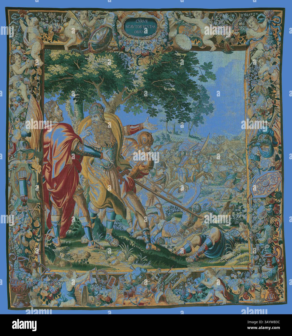 A detailed tapestry depicting a historical battle scene, featuring ...