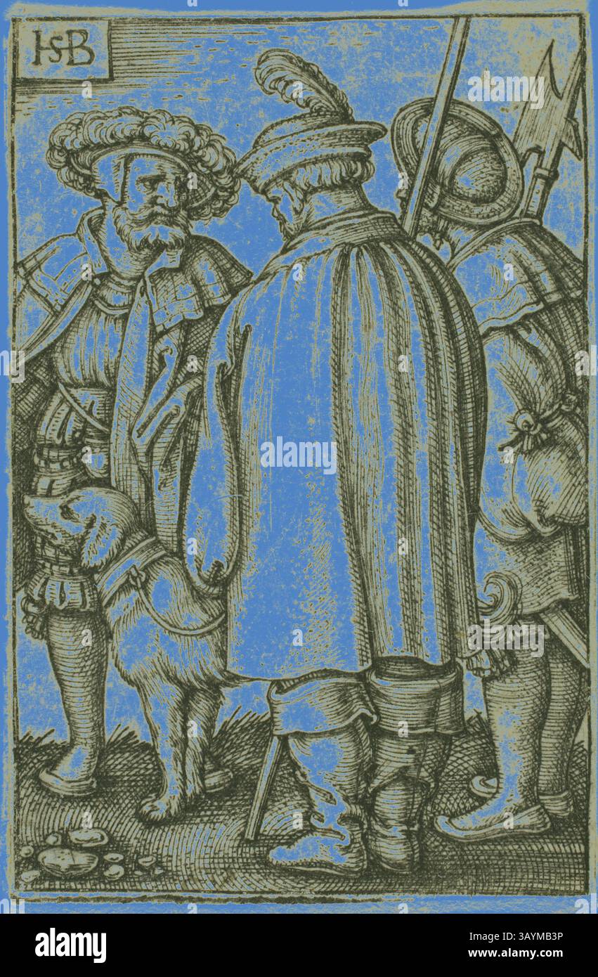 Group of three figures in elaborate historical attire engage in hi-res ...