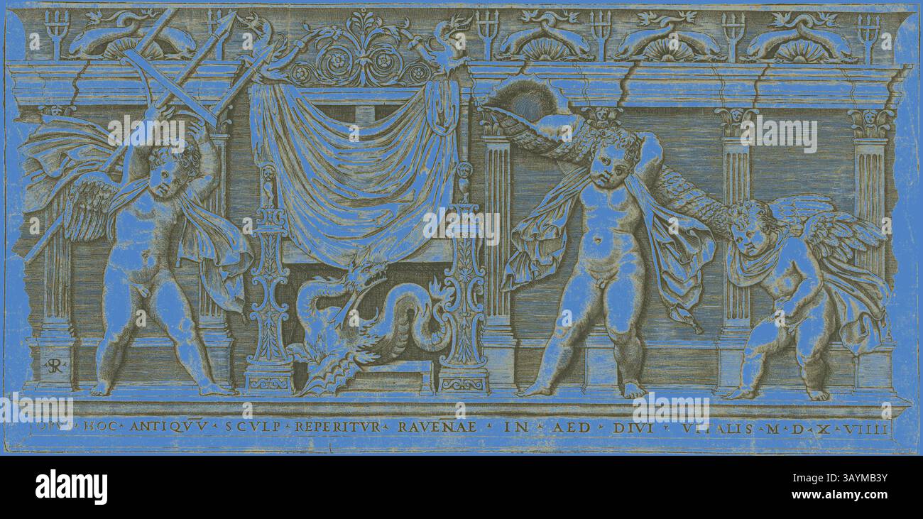 A grand architectural scene featuring two cherubic figures flanking a ...