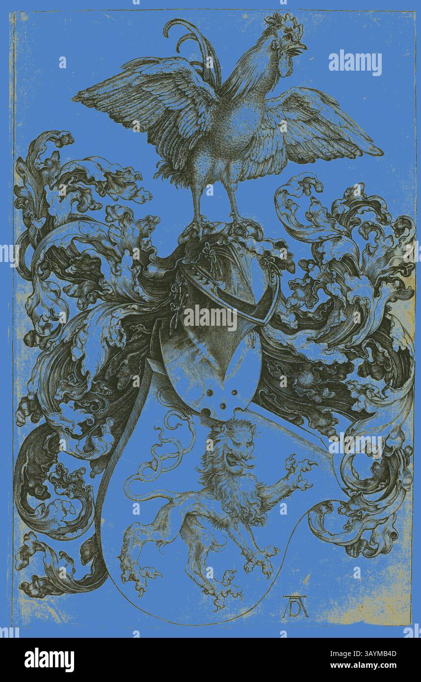 A detailed heraldic design featuring a crowned rooster atop a ...