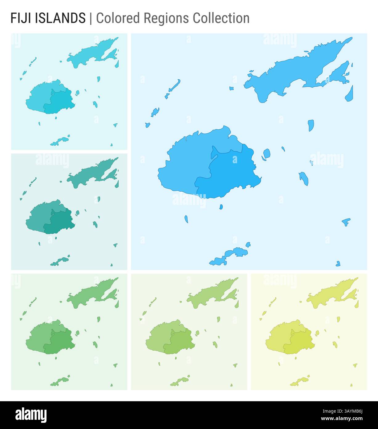 Fiji map collection. Country shape with colored regions. Light Blue ...