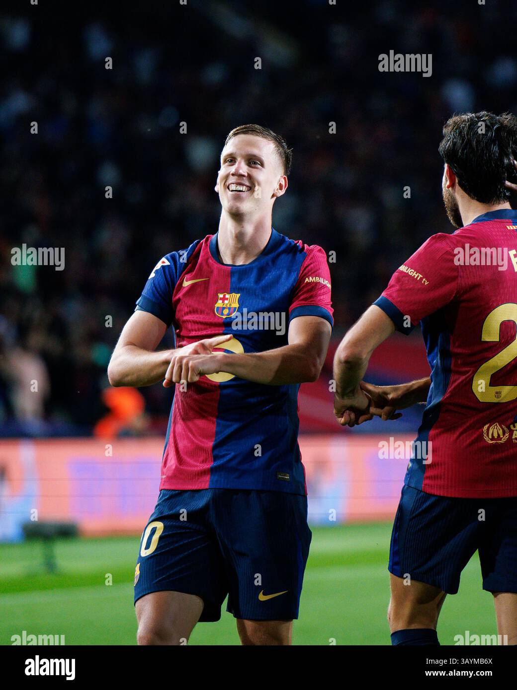 Barcelona, Spain. 22nd Apr, 2025. Dani Olmo celebrates after scoring a ...