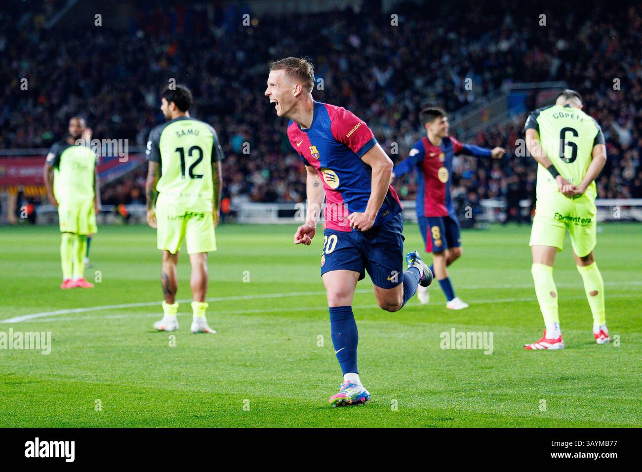 Barcelona, Spain. 22nd Apr, 2025. Dani Olmo celebrates after scoring a ...