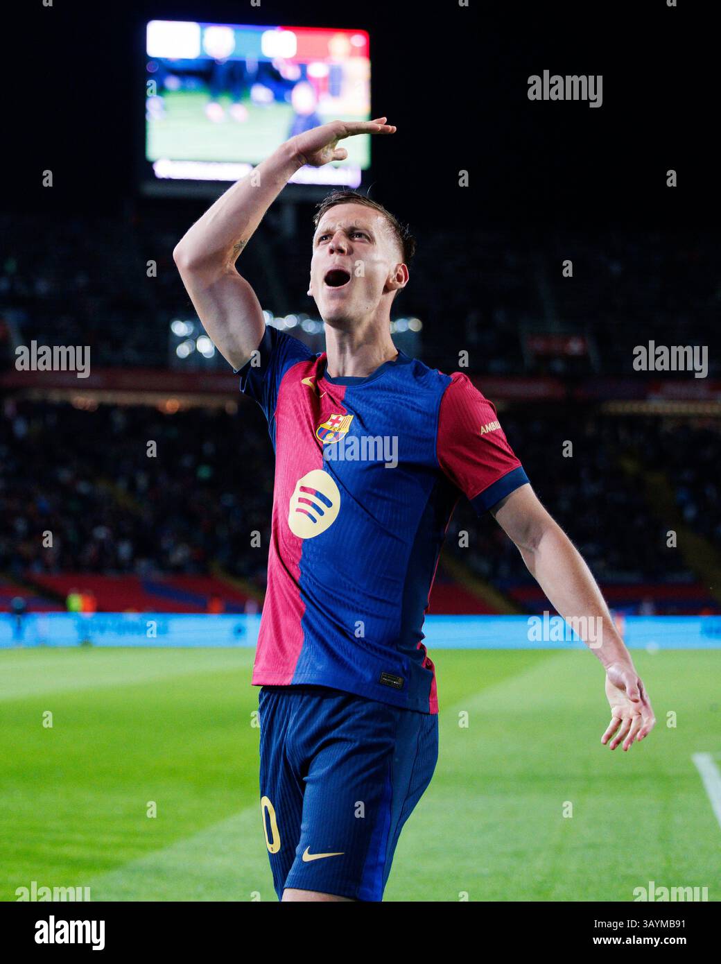 Barcelona, Spain. 22nd Apr, 2025. Dani Olmo celebrates after scoring a ...