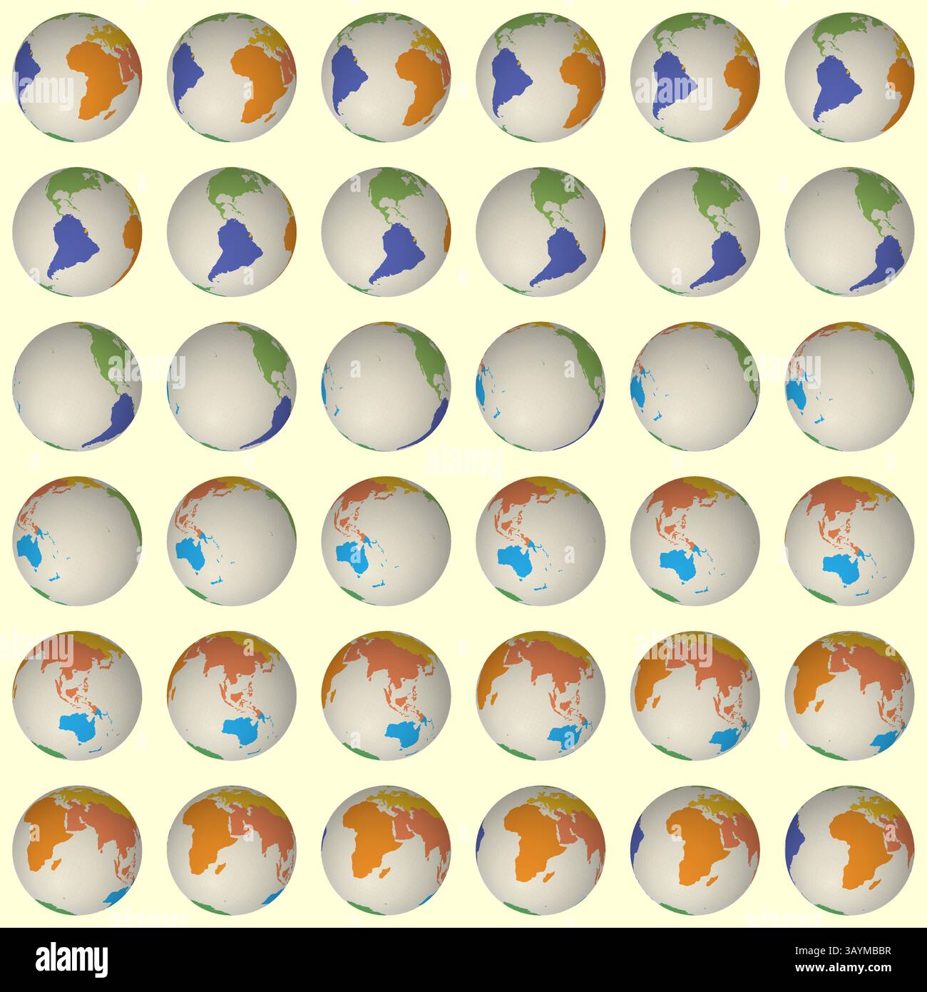 Collection of globes. Tilted sphere view. Rotation step 10 degrees ...