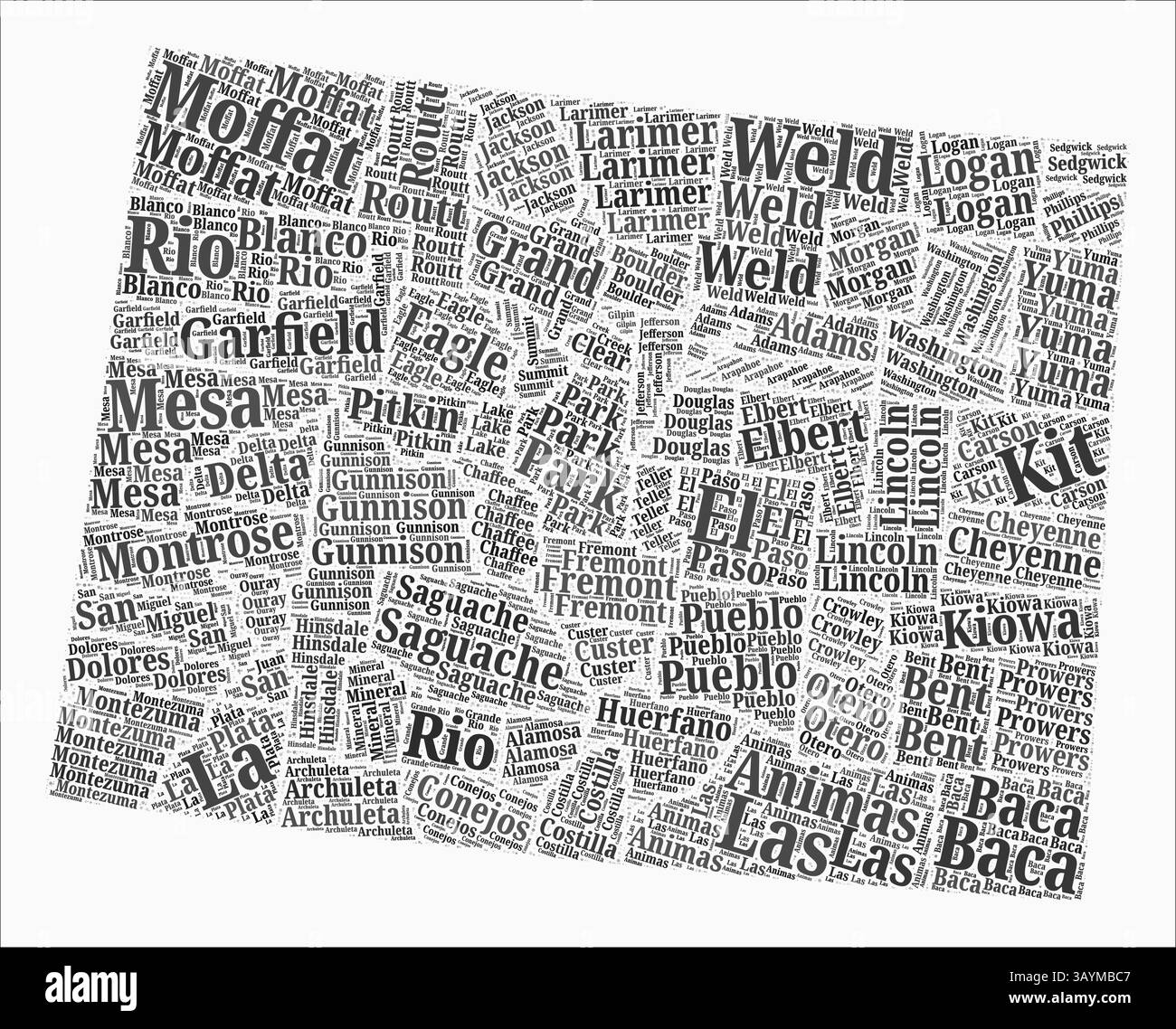 Colorado Text Style Counties. State region names word clouds in English ...
