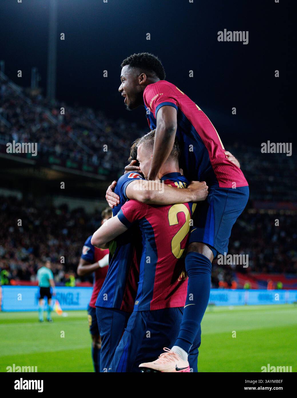 Barcelona, Spain. 22nd Apr, 2025. Ansu Fati celebrates Dani Olmo's goal ...