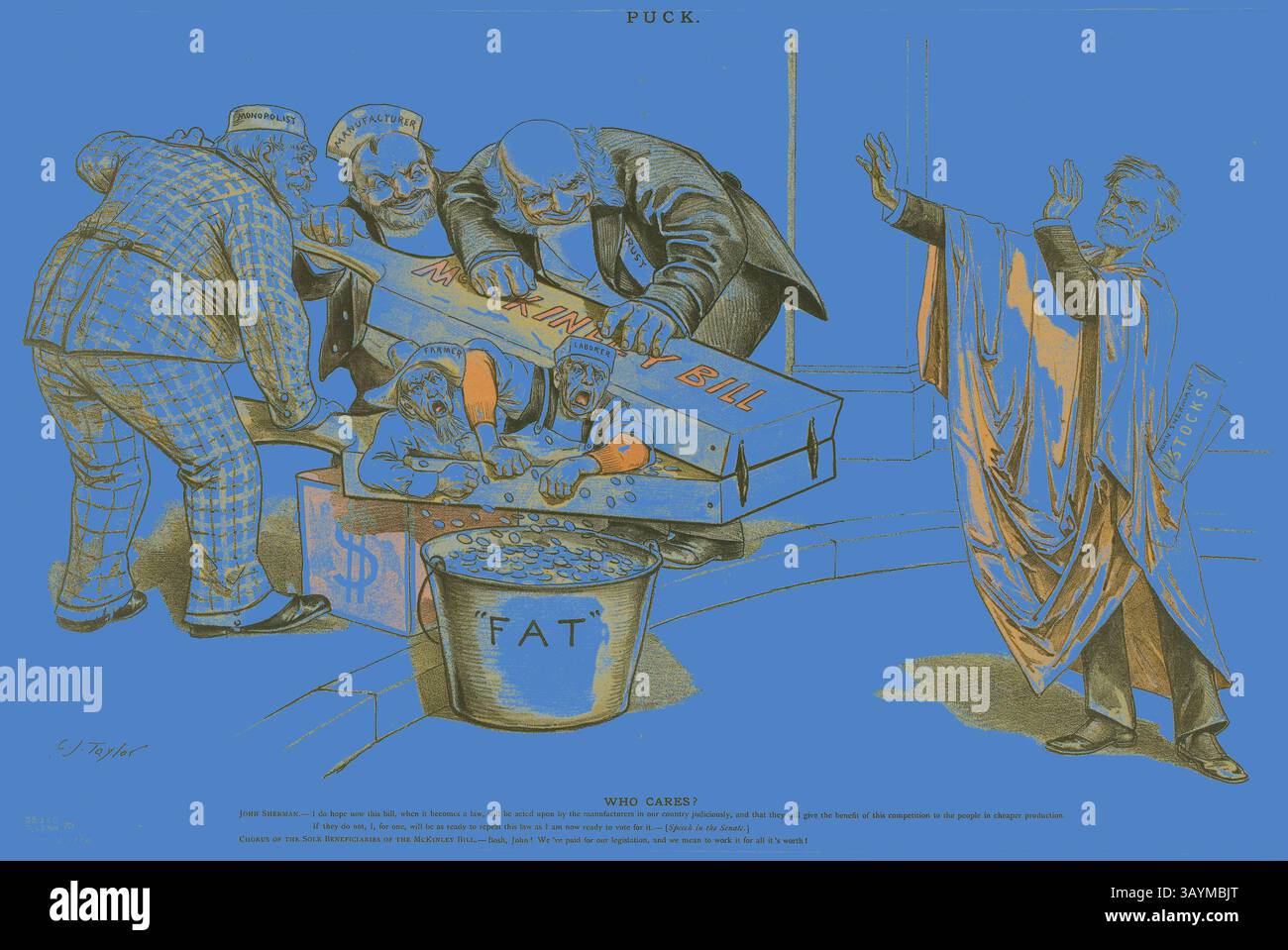 A satirical scene depicting a group of men gathered around a large ...