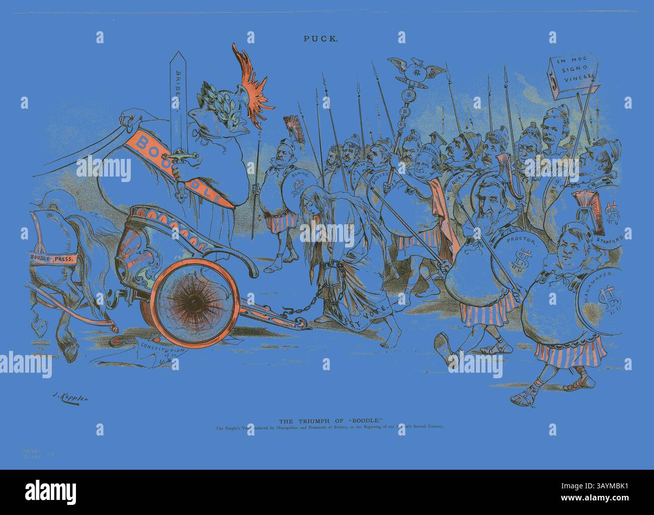 A whimsical political cartoon featuring a grand figure pulled in a ...