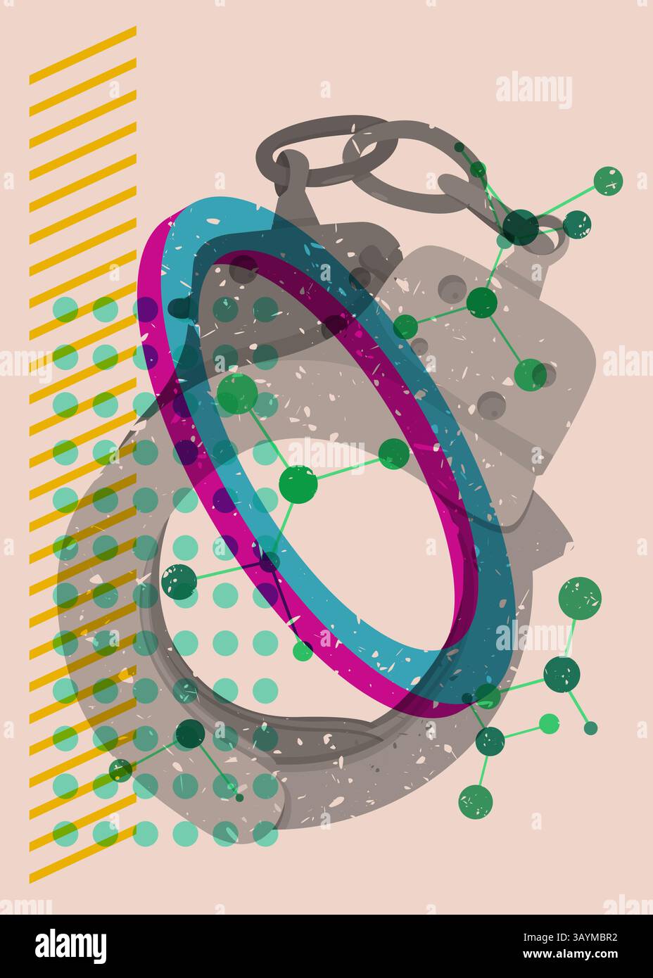Risograph Handcuffs with geometric shapes. Objects in trendy riso graph ...